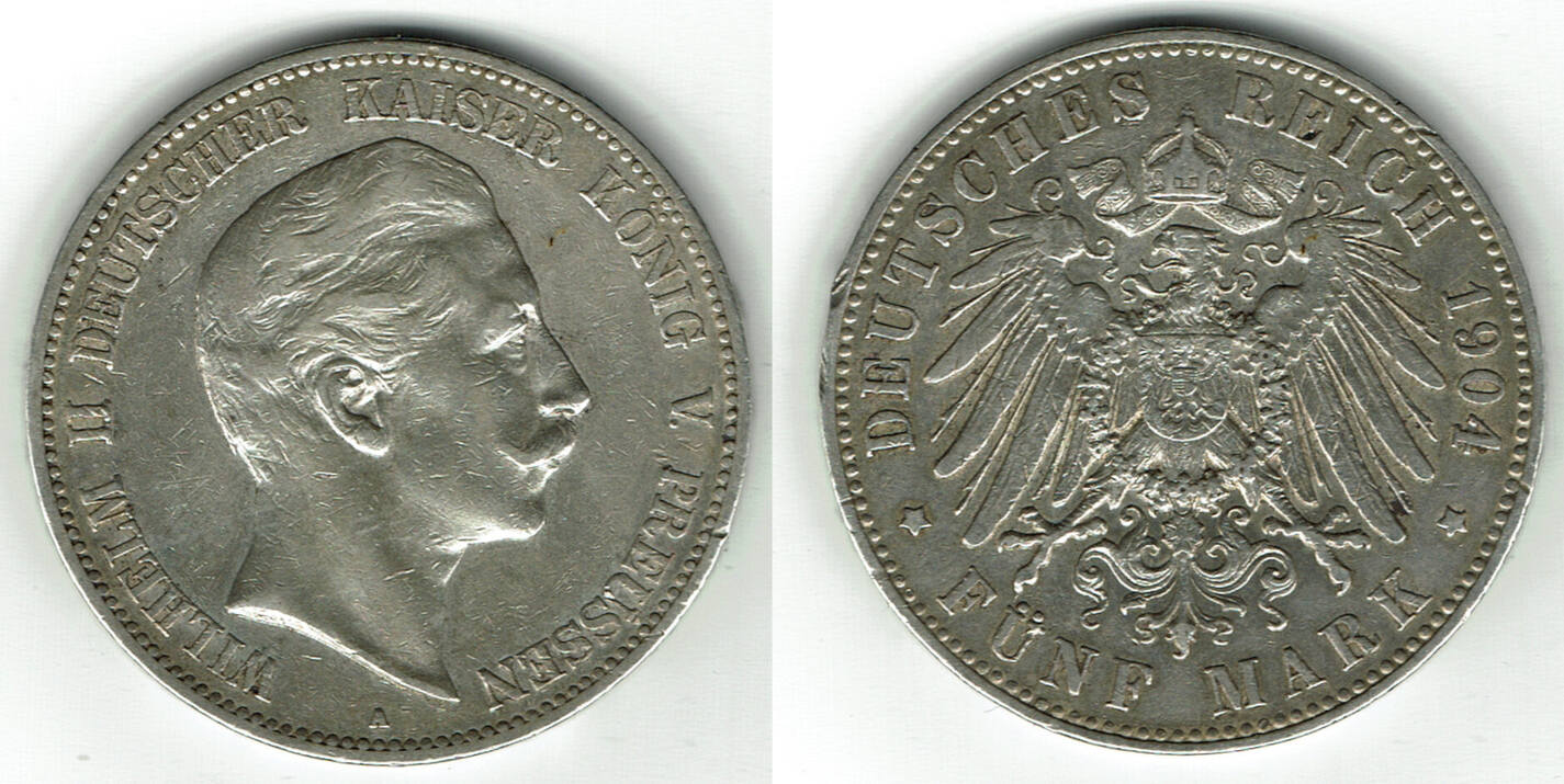 Preußen 5 Mark 1904 A, Wilhelm II., Erhaltung siehe Scan! sehr schön, kl. Randfehler | MA-Shops