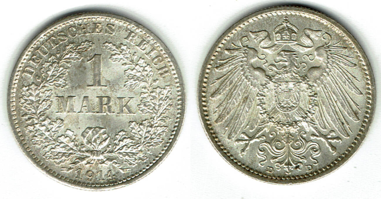 Kaiserreich, Kursmünze 1 Mark 1914 D, 900er Silber! vorzüglich bis ...