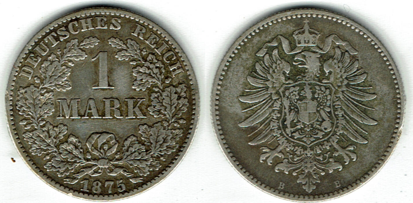 Kaiserreich, Kursmünze 1 Mark 1875 B, 900er Silber! sehr schön | MA-Shops