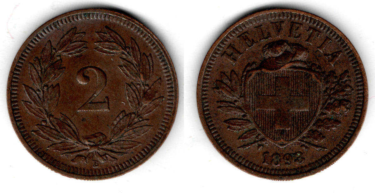 Schweiz, Kursmünze 2 Rappen 1893 B, Erhaltung siehe Scan! sehr schön | MA-Shops