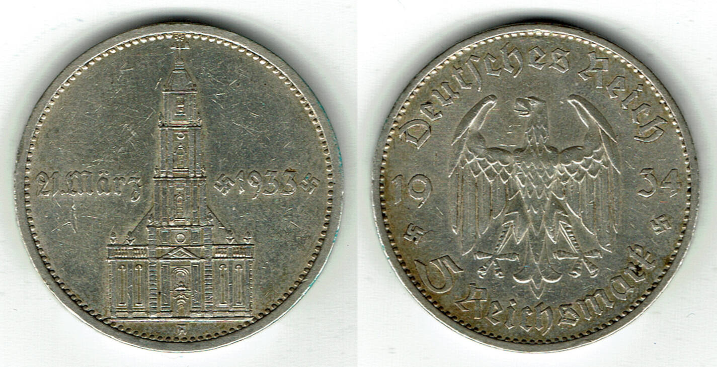 Drittes Reich, 5 Reichsmark 1934 A, Garnisonskirche Potsdam mit Datum ...