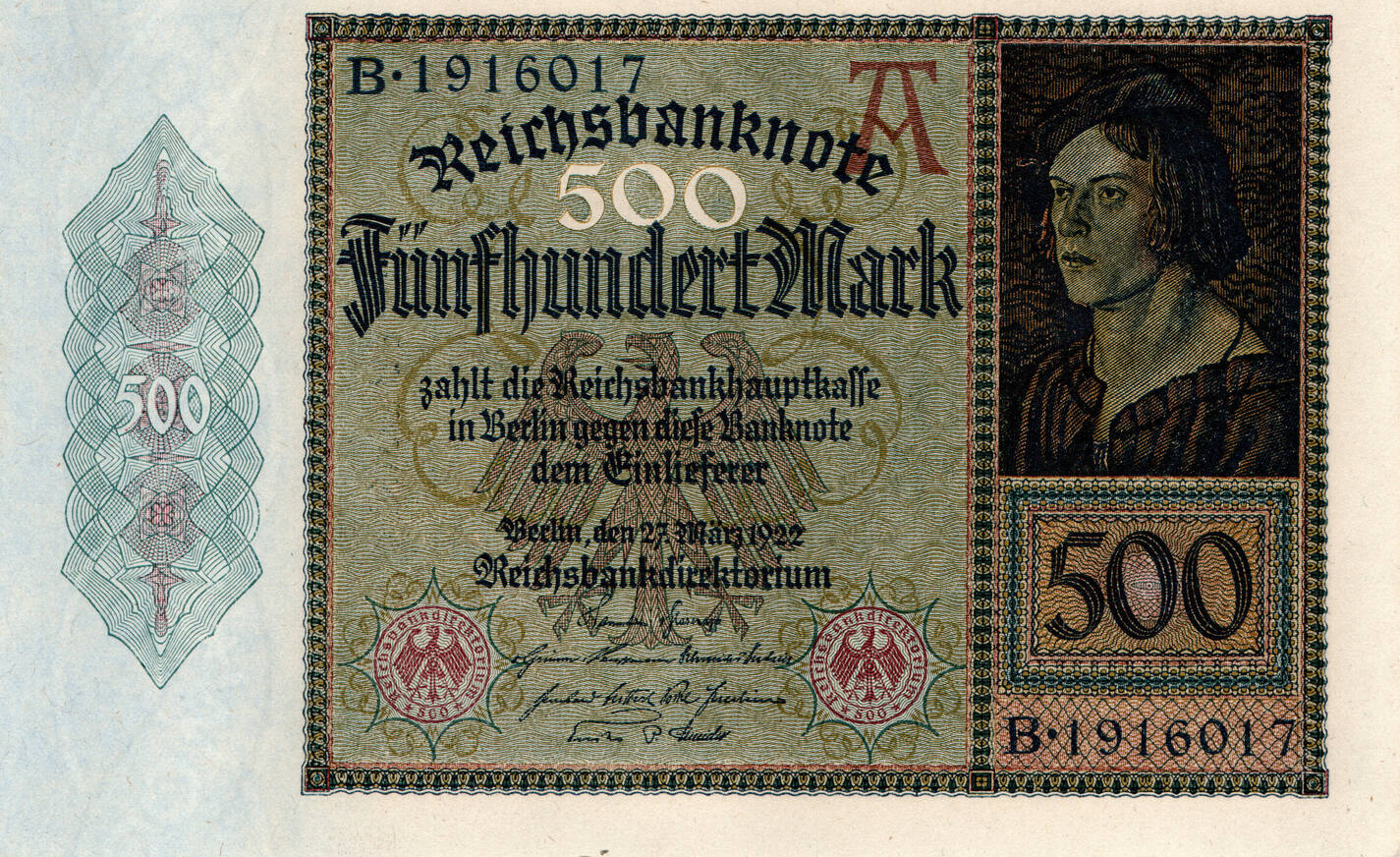 Weimarer Republik - Inflationszeit Banknote 500 Mark, 27. März 1922, Ro ...