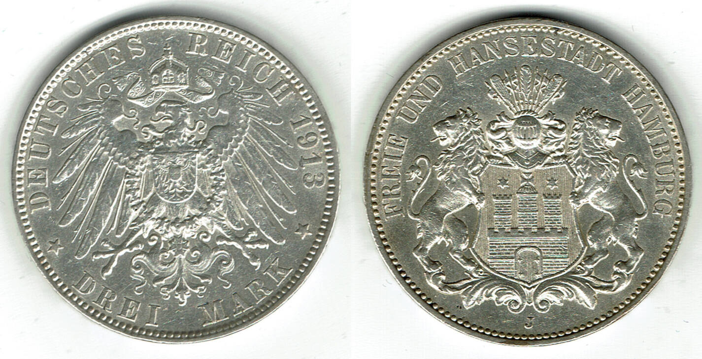 1913 Kaiserreich: Hamburg 3 Mark 1911 J, Stadtwappen, Erhaltung siehe Scan! sehr schön, kl ...