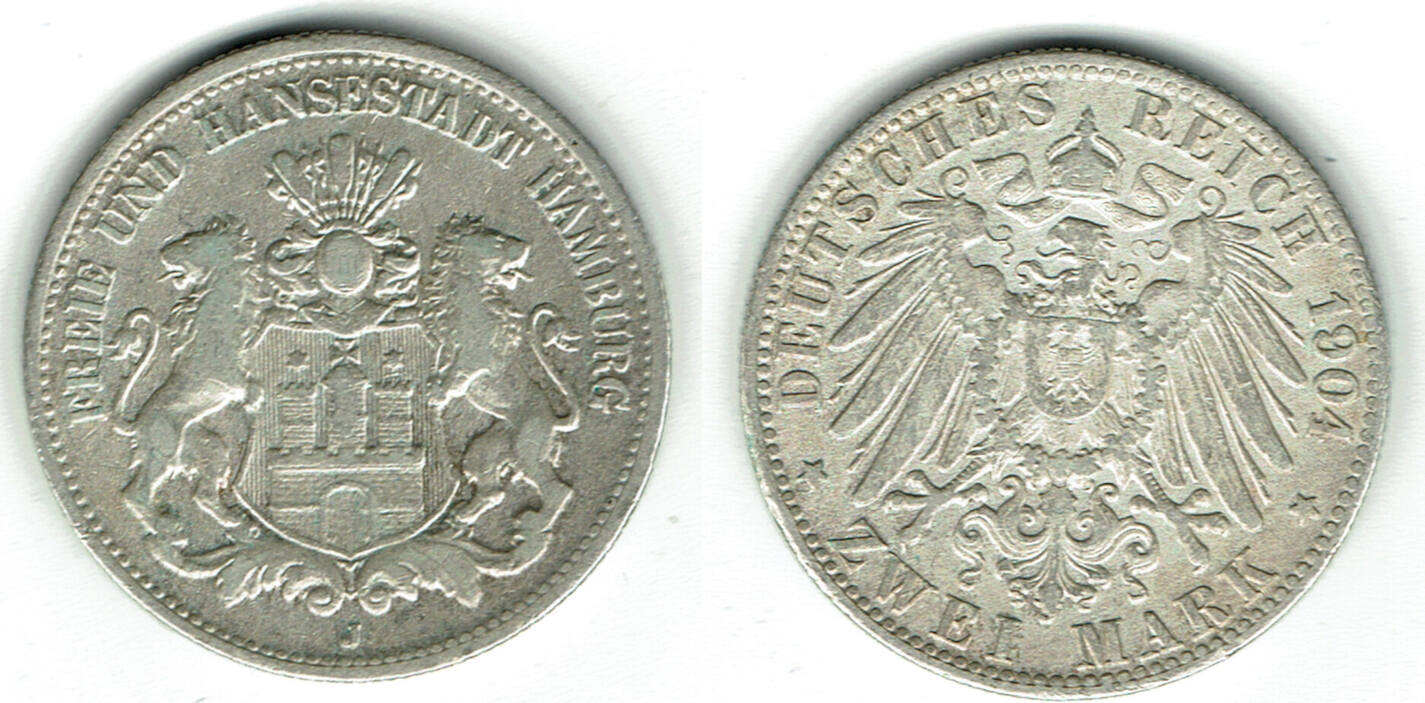 Kaiserreich, Hamburg, 2 Mark 1904 J, Stadtwappen, Erhaltung siehe Scan! sehr schön, leicht ...