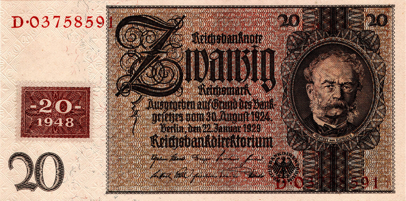 20 Mark (20 DM) Sowjetische Besatzungszone SBZ, 20 Mark, Serie 1948, Ro ...