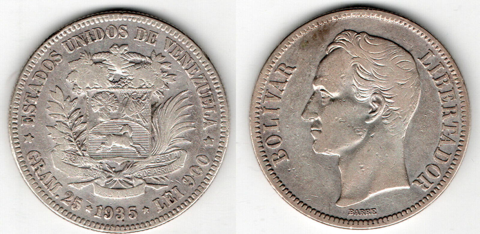Venezuela 5 Bolivares Silberkursmünze 5 Bolivar 1935, Erhaltung siehe ...