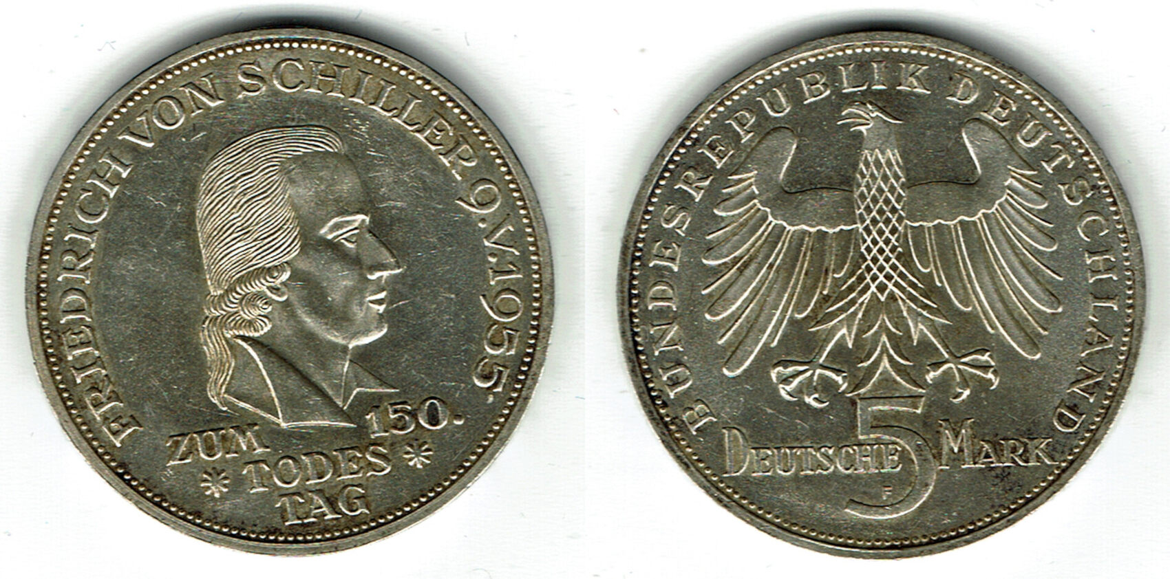 BRD Deutschland, 5 DM 1955, 150. Todestag Friedrich von Schiller, siehe Scan fast vorzüglich ...