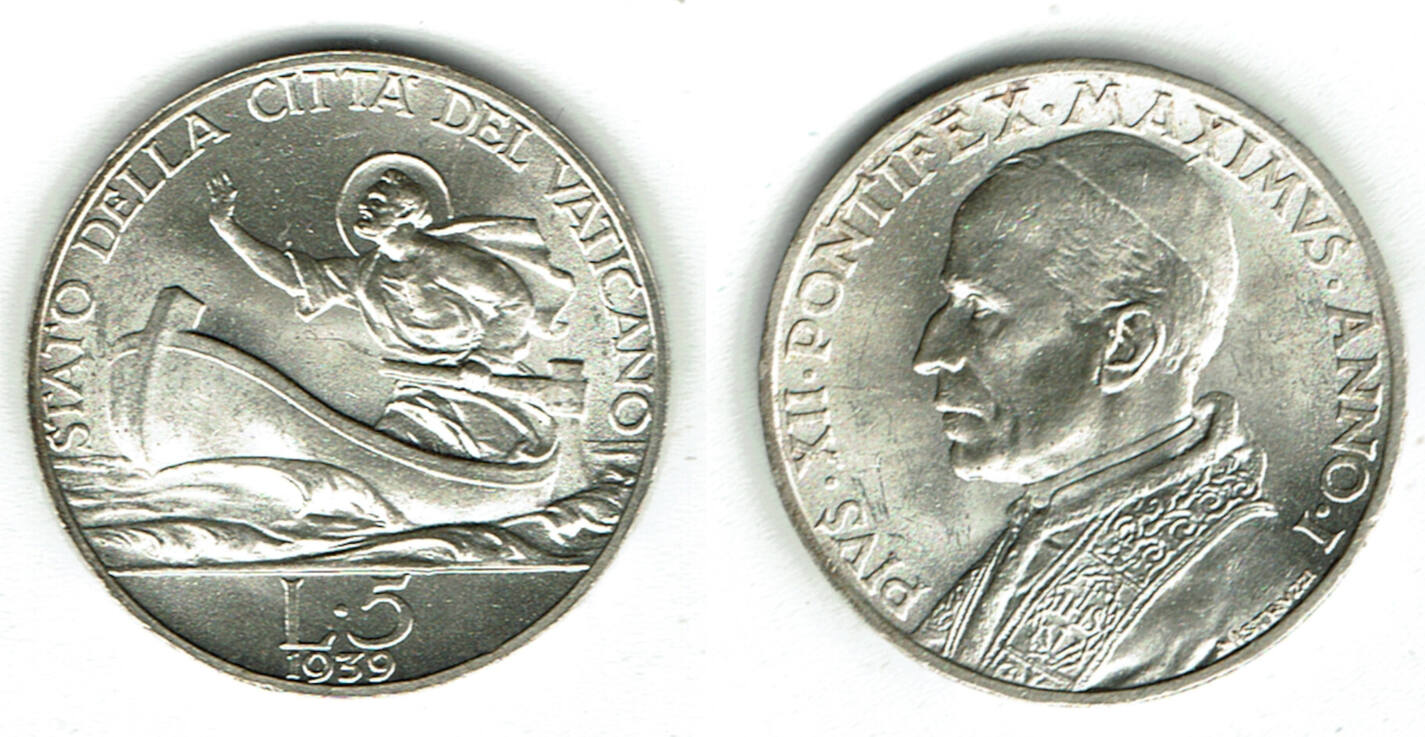 1939 Vatikan, Pius XII., 1939-1958 5 Lire 1939, Erhaltung siehe Scan! Vorzüglich | MA-Shops
