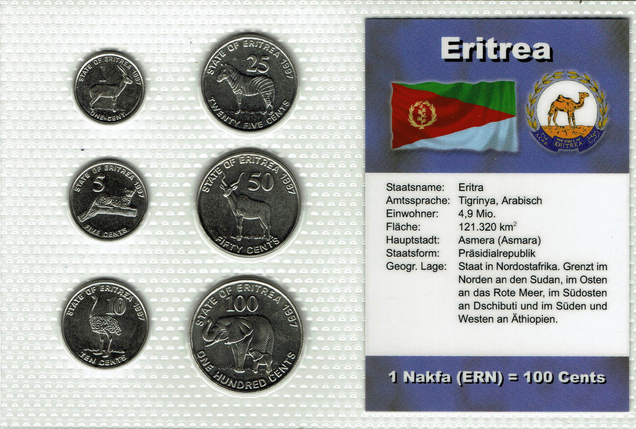 1,91 Nakfa 1991 Eritrea, gemischter Kursmünzensatz, 1 Cent bis 100 Cent ...