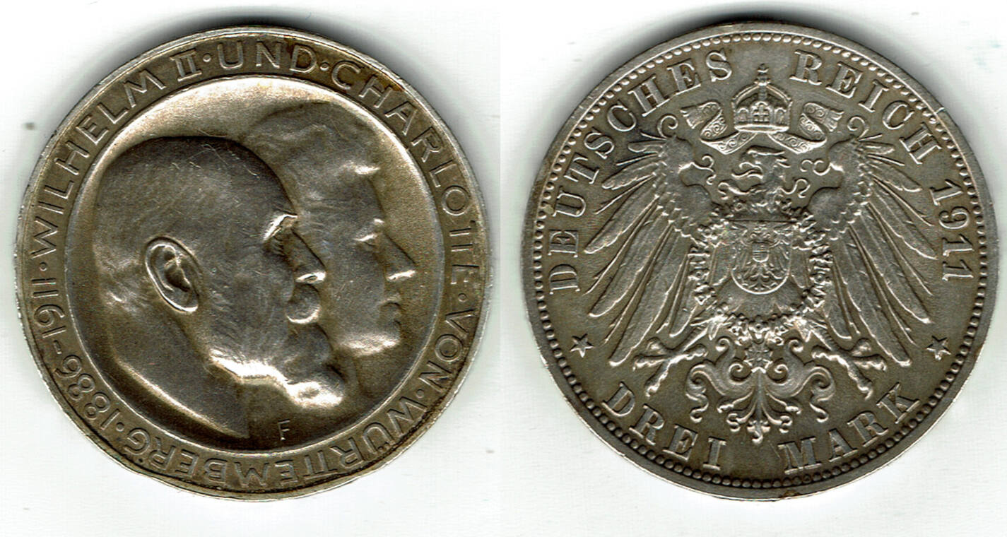 3 Mark Kaiserreich, Württemberg 1911, Wilhelm II., Erhaltung siehe Scan! vorzüglich | MA-Shops