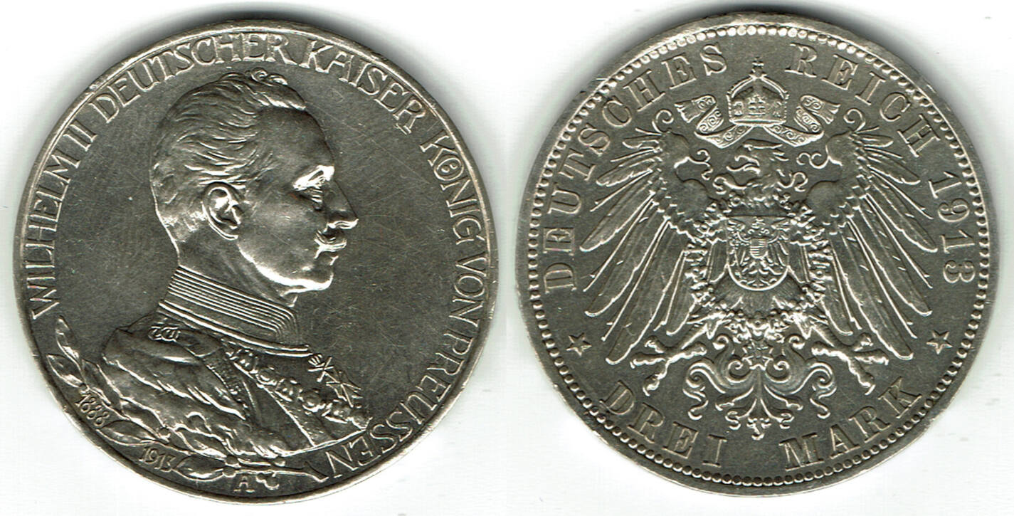 Preußen 3 Mark 1913 A, Wilhelm II. in Uniform! sehr schön bis vorzüglich, berieben | MA-Shops