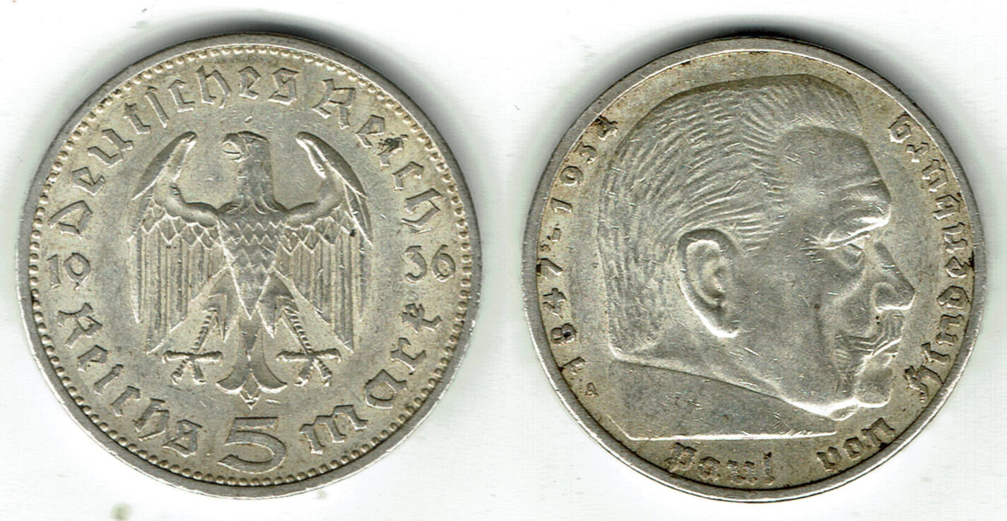 1936 A Drittes Reich, 5 Reichsmark Hindenburg ohne HK, 13,89 g 900er ...