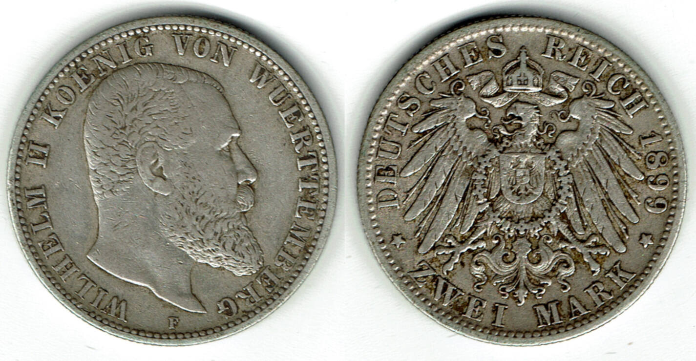 Kaiserreich, Württemberg 2 Mark 1899, Wilhelm sehr schön | MA-Shops