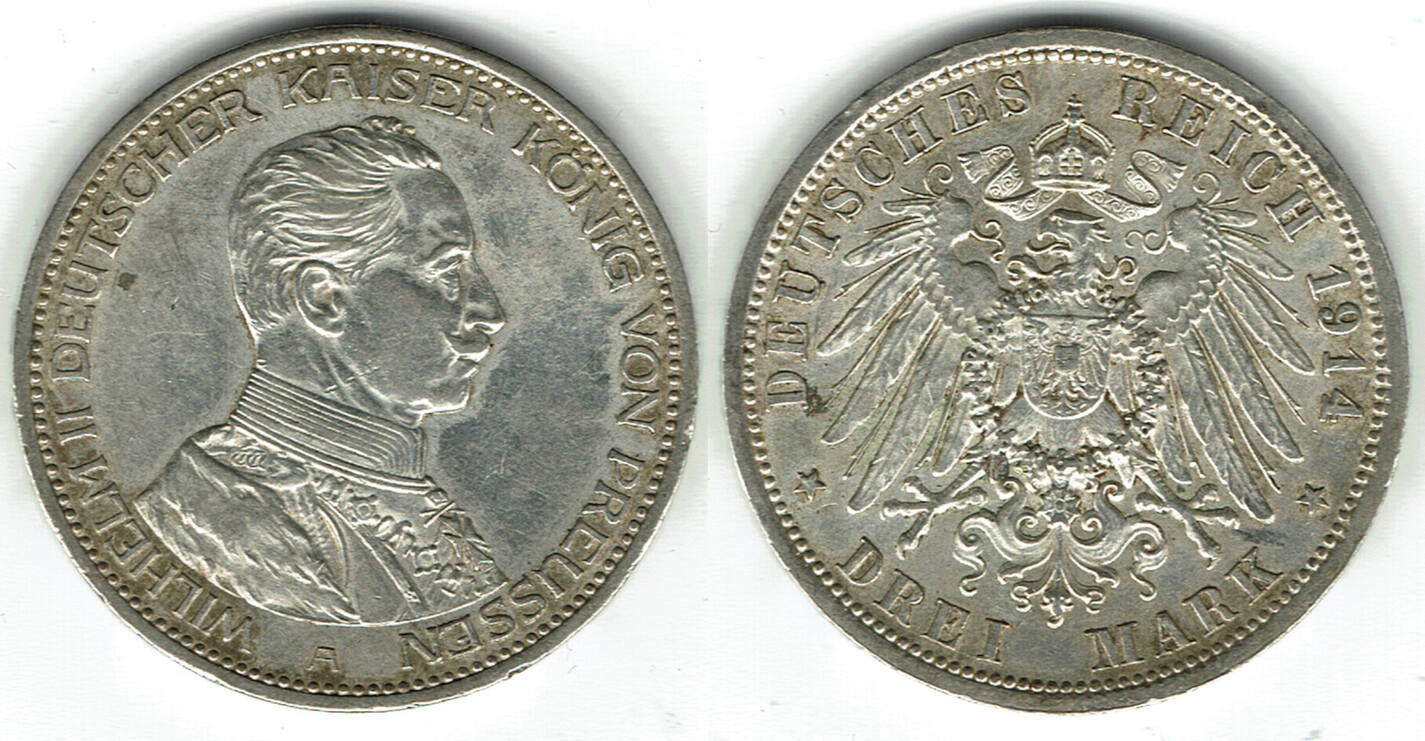 Preußen 3 Mark 1914 A, Wilhelm II. in Uniform! sehr schön bis ...