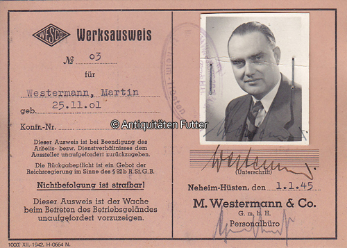 Neheim - Hüsten 1. 1. 1945 WESCO / Werksausweis No. 03 von Martin ...