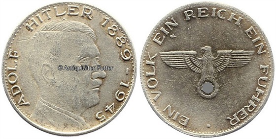 Drittes Reich O.J. Medaille / Adolf Hitler 1889 - 1945 / EIN VOLK EIN ...