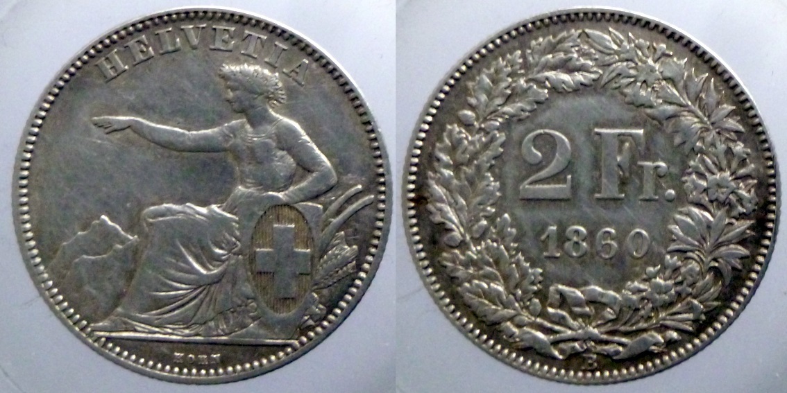 SUISSE 2 Francs 1860 B sitzende Helvetia vz | MA-Shops