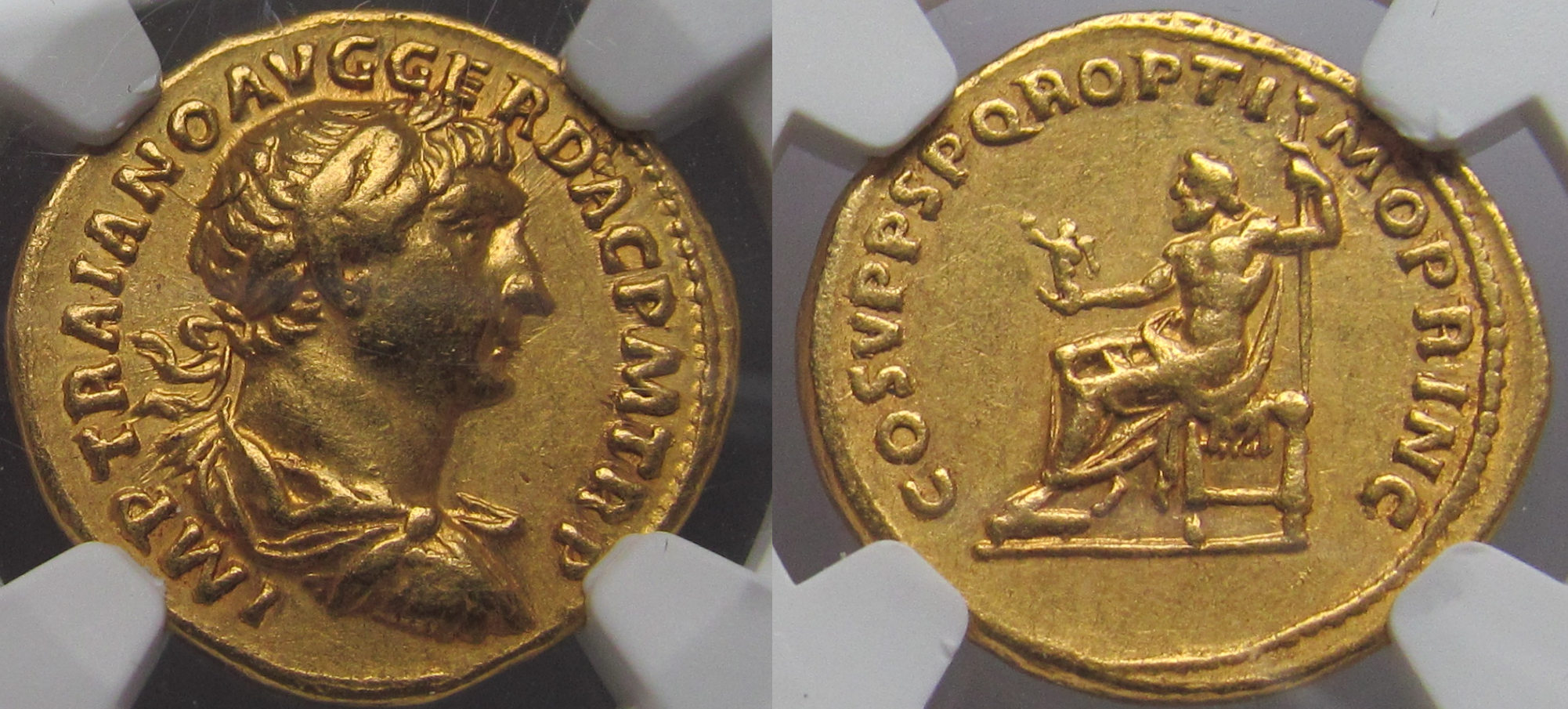 ROMAN EMPIRE AV gold aureus circa 107-108 A.D. Trajan / Trajanus, Rome mint - Seated Jupiter ...