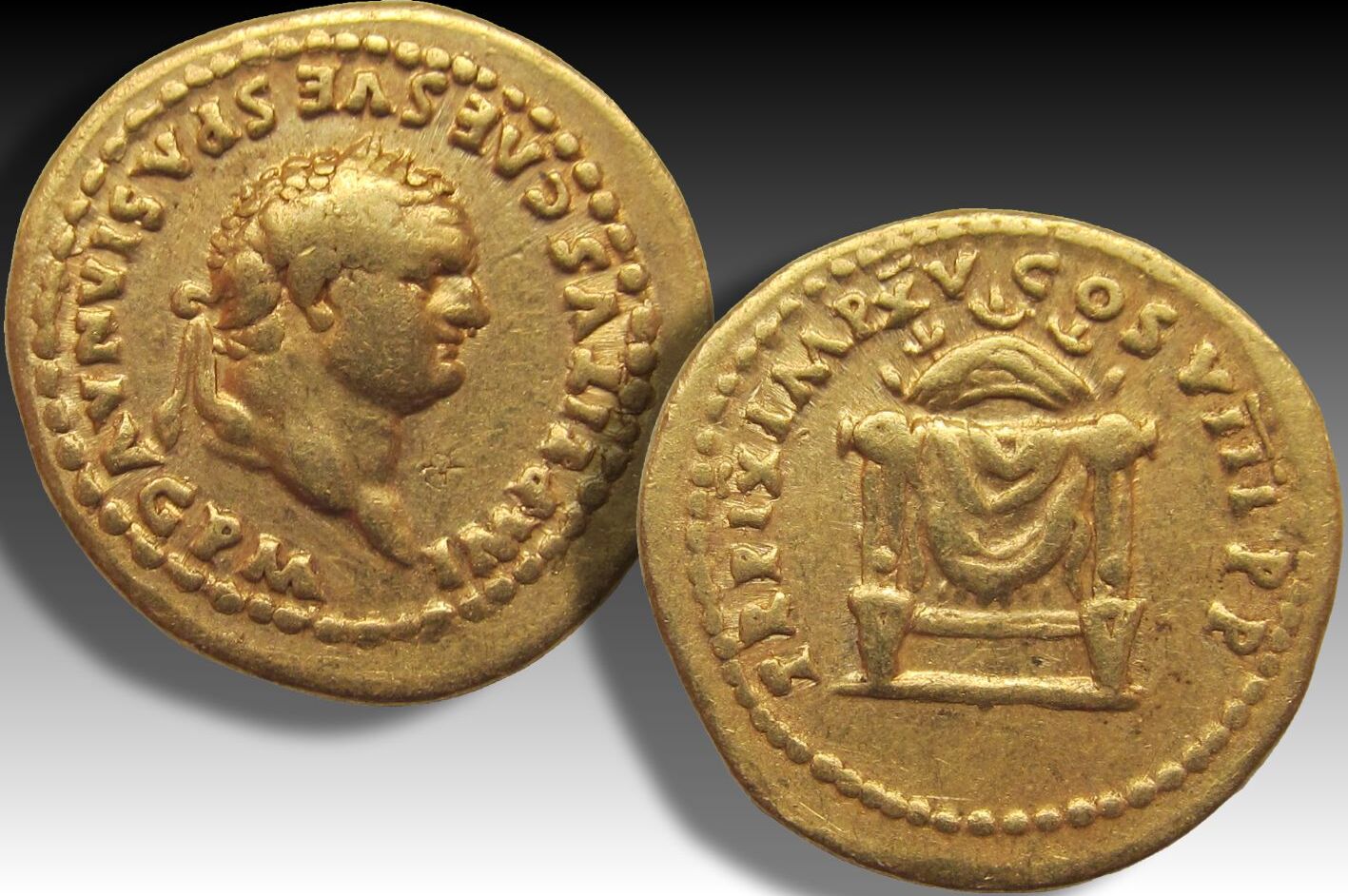 ROMAN EMPIRE AV gold aureus 80 A.D. Titus, Rome mint - Pulvinar reverse ...