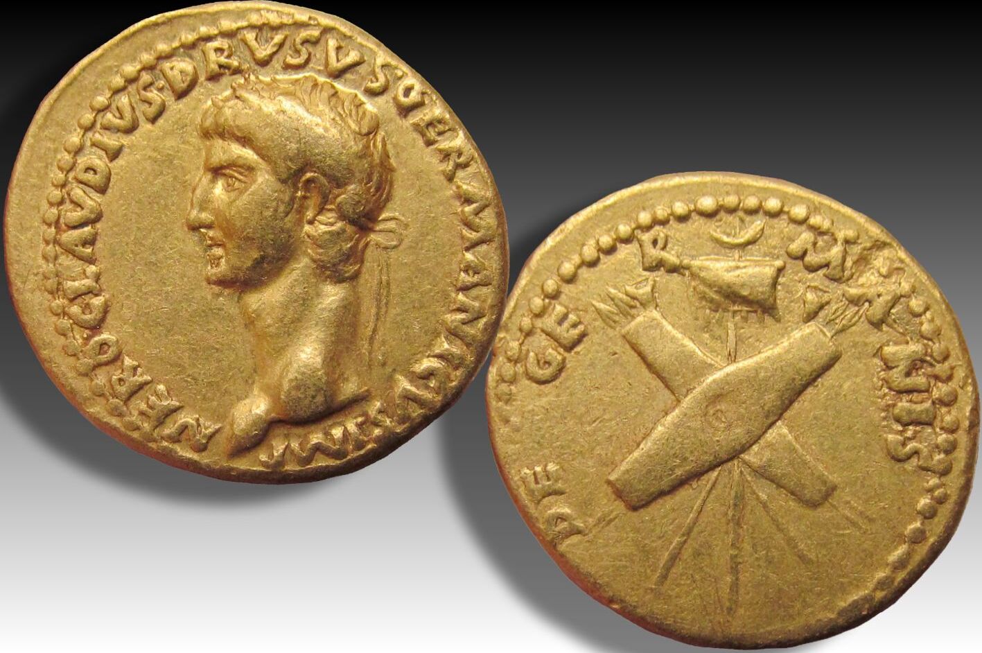ROMAN EMPIRE AV gold aureus 41-42 A.D. Nero Claudius Drusus Germanicus ...