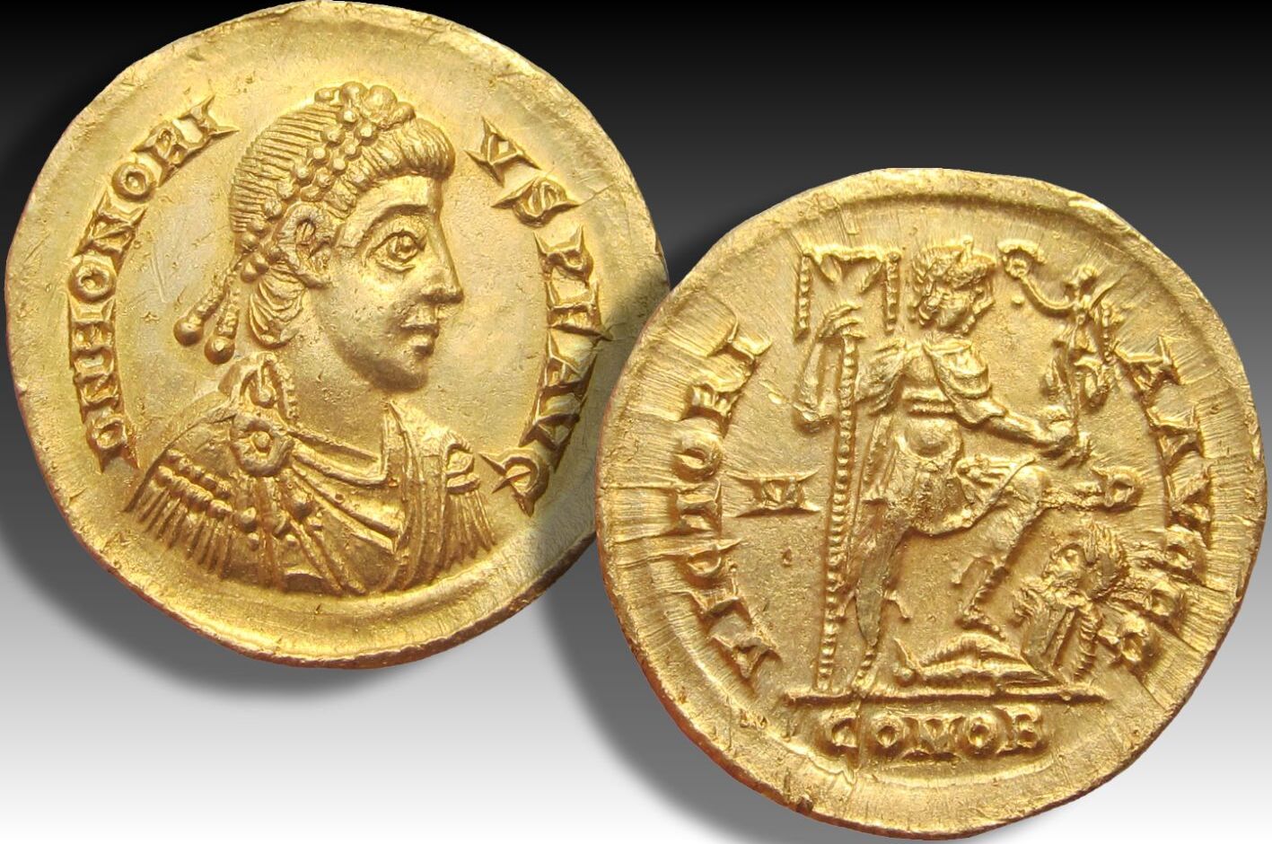 ROMAN EMPIRE AV gold solidus 397-402 A.D. Honorius, Mediolanum (Milan) mint EF/EF+ a few light ...