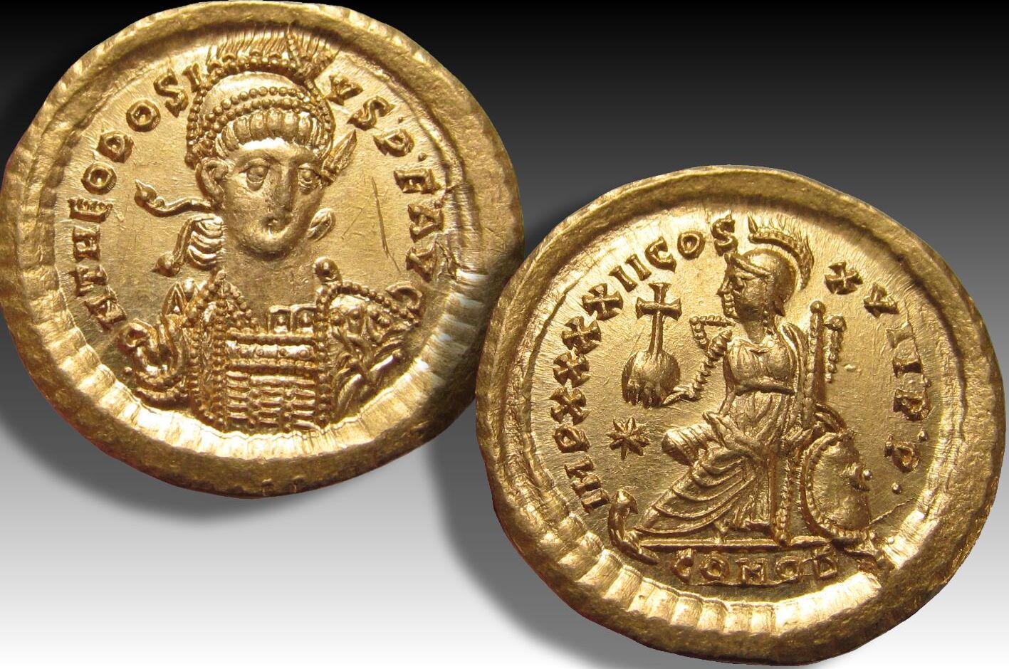 ROMAN EMPIRE AV gold solidus 441-450 A.D. Theodosius II, Constantinople ...