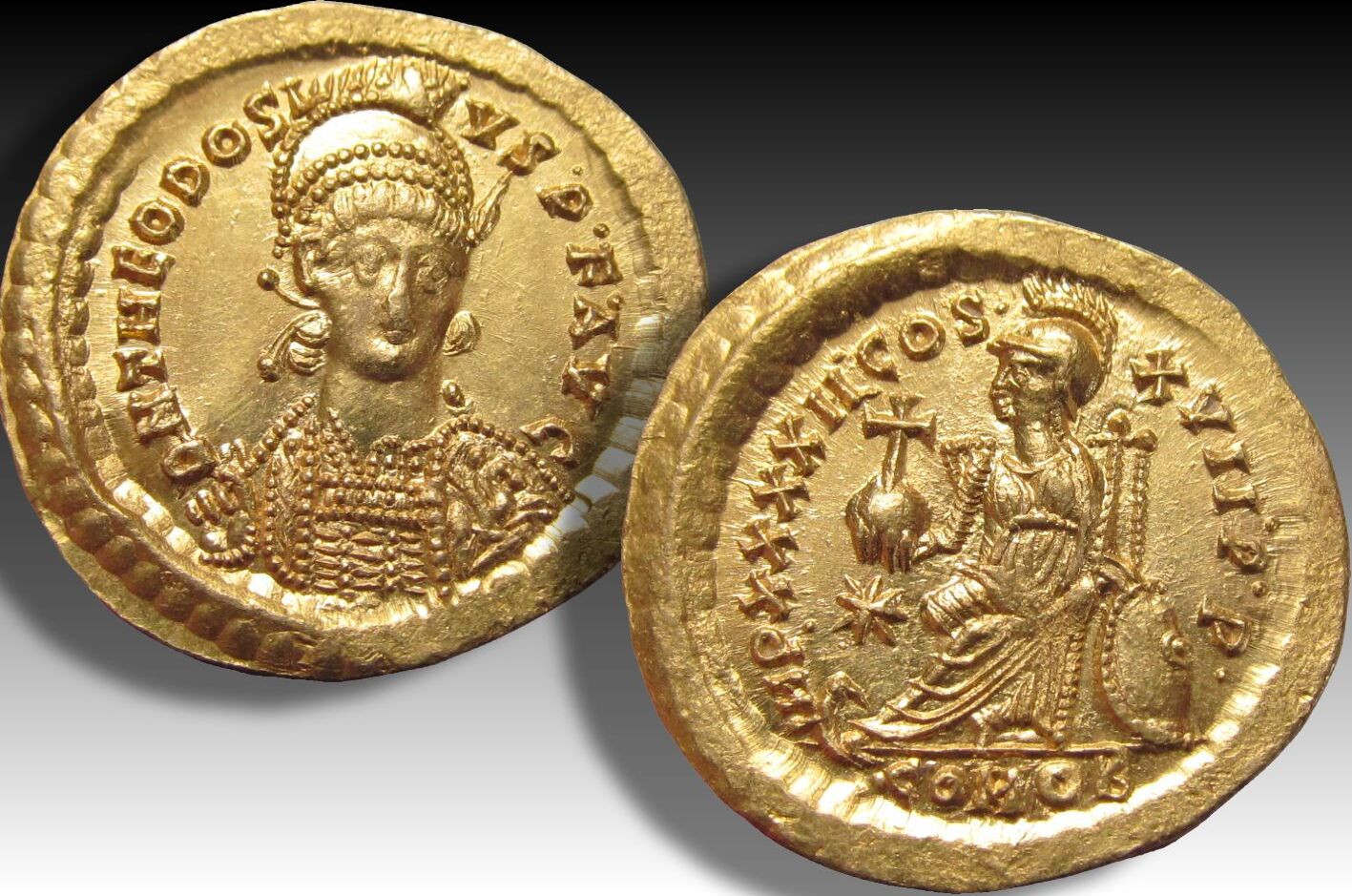 ROMAN EMPIRE AV gold solidus 441-450 A.D. Theodosius II, Constantinople ...