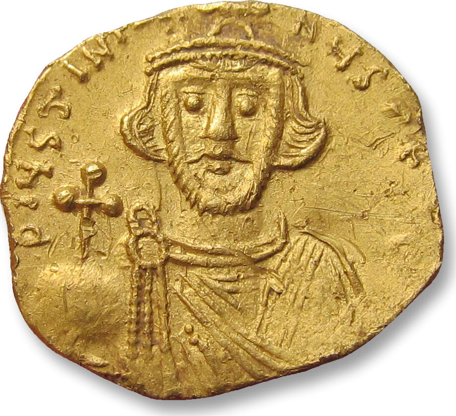 BYZANTINE EMPIRE AV gold tremissis circa 687-692 A.D. Justinian II ...