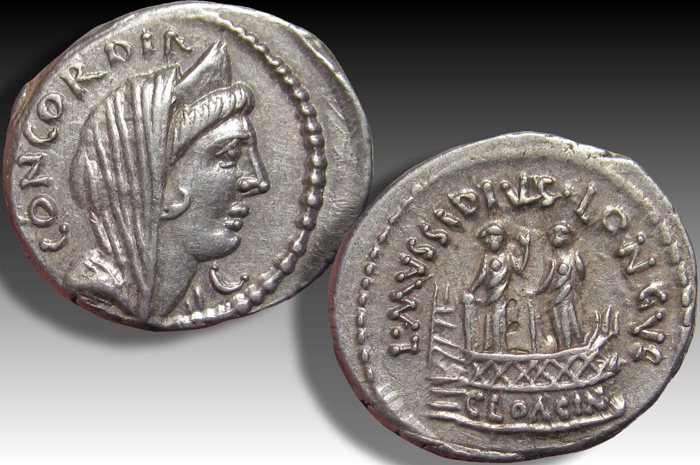 ROMAN REPUBLIC AR denarius 42 B.C. L. Mussidius Longus, Rome - Shrine ...