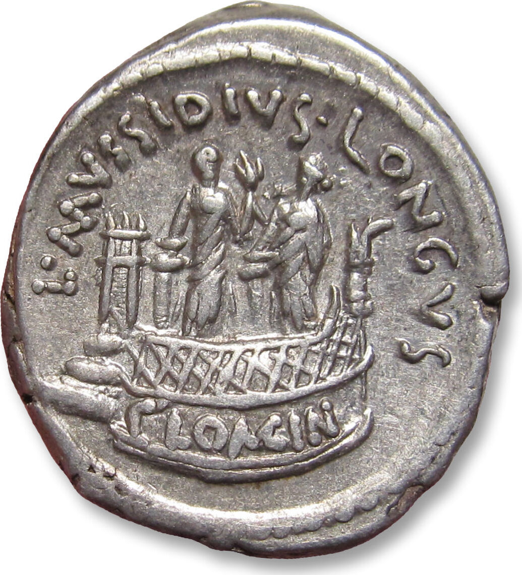 ROMAN REPUBLIC AR denarius 42 B.C. L. Mussidius Longus, Rome - Shrine ...