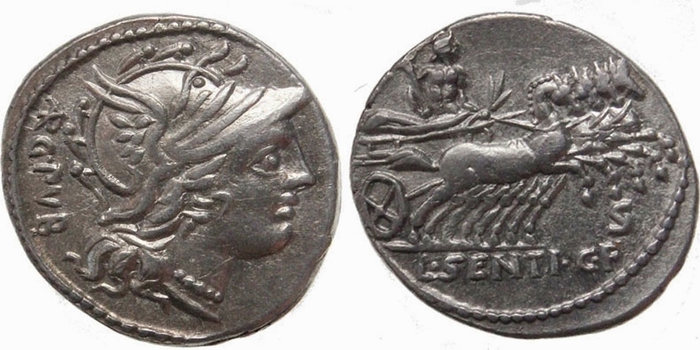Roman Republic denarius 101 BC. L.Sentius,c.f. Roma 101BC. Exf. | MA-Shops