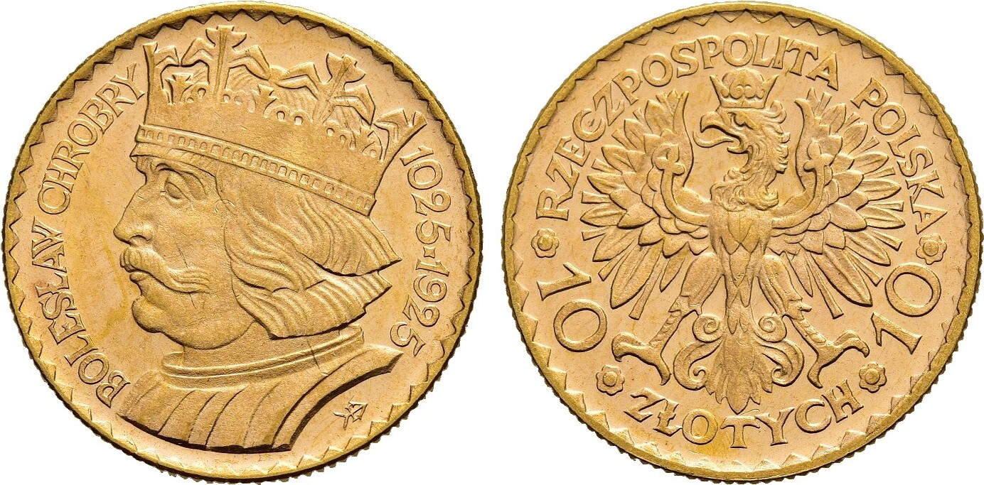 POLEN 10 Zlotych 1925, Warschau. Republik, 1919 - 1939. Feinster Stempelglanz | MA-Shops