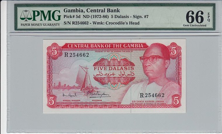 GAMBIA P.5d - 5 Dalasis ND1972-86 PMG 66 EPQ | MA-Shops