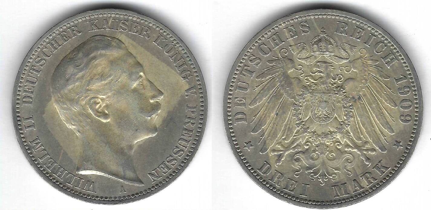 Prusse / Preussen / Prussia 3 Mark 1909 A Wilhelm II SS | MA-Shops