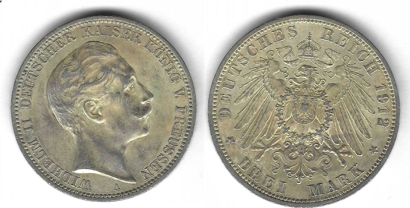 Prusse / Preussen / Prussia 3 Mark 1912 A Wilhelm II SS + | MA-Shops