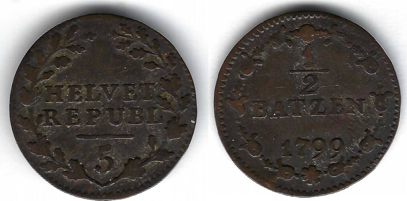 Suisse / Schweiz / Switzerland 1/2 Batzen 1799 "5" République ...