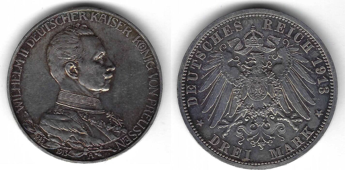 Prusse / Preussen / Prussia 3 Mark 1913 Wilhelm II SS / VZ | MA-Shops