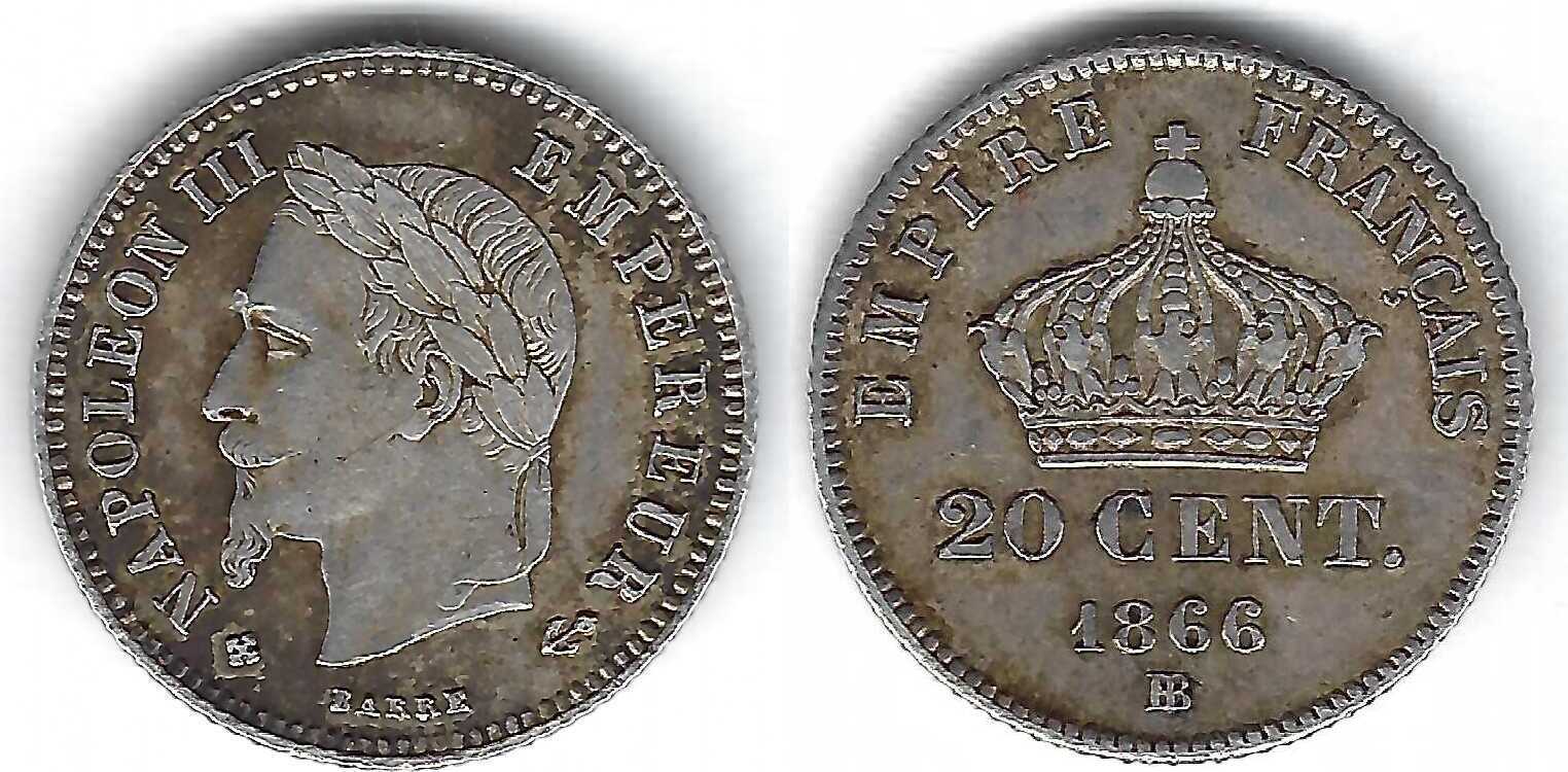 France / Frankreich/ Strasbourg 20 Centimes 1866 BB Napoléon III petit module SS | MA-Shops