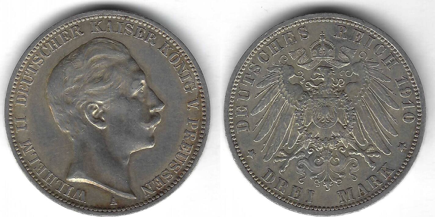 Prusse / Prussia / Preussen 3 Mark 1910 A Wilhelm II SS | MA-Shops