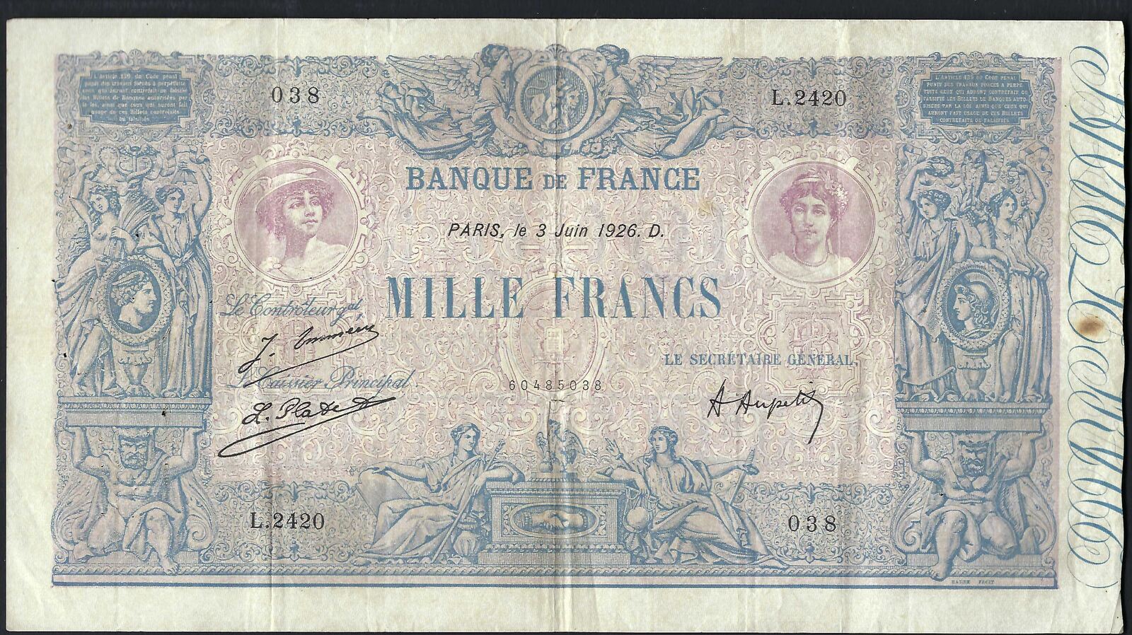 France / Frankreich 1000 Francs 3/06/1926 Bleu et Rose L.2420 F.SS | MA ...