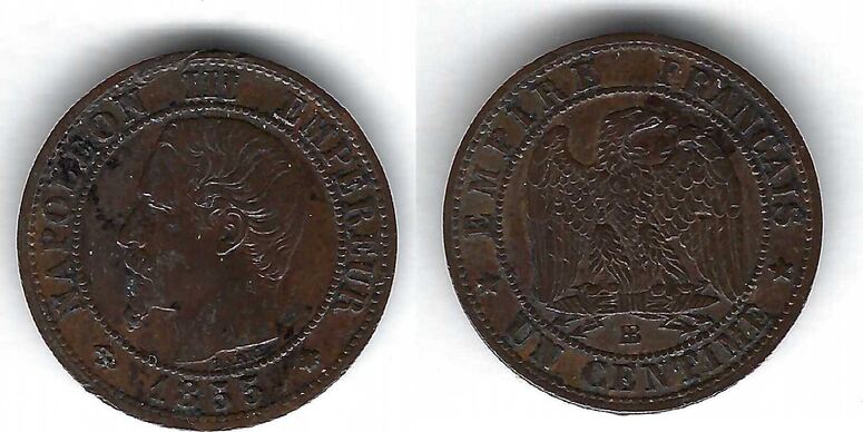 France / Frankreich / Strasbourg / Strassburg 1 Centime 1855 BB Napoléon III tête nue SS ...