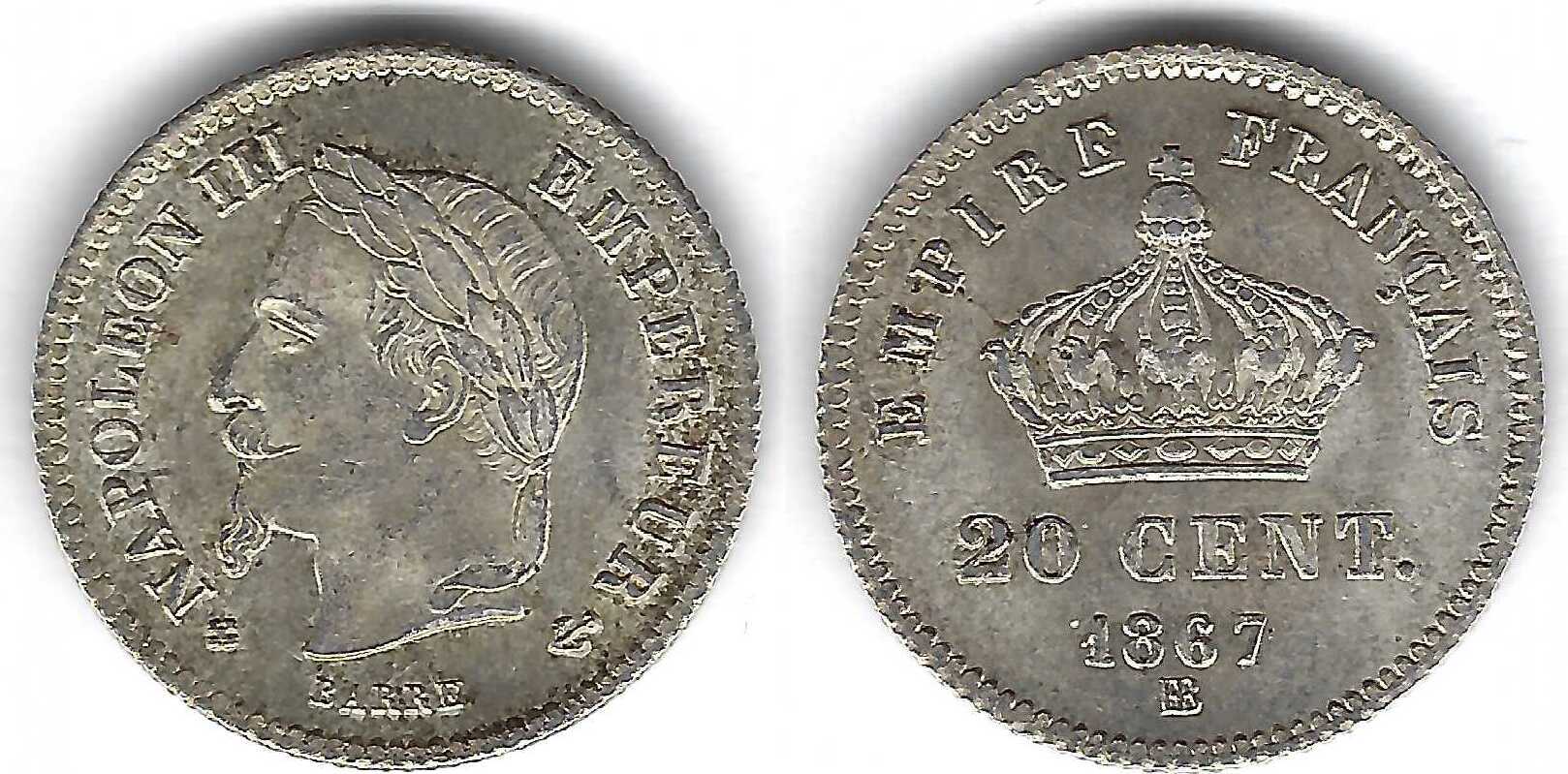 France / Frankreich / Strasbourg / Straßburg 20 Centimes 1867 BB Napoléon III Tête laurée SS/VZ ...