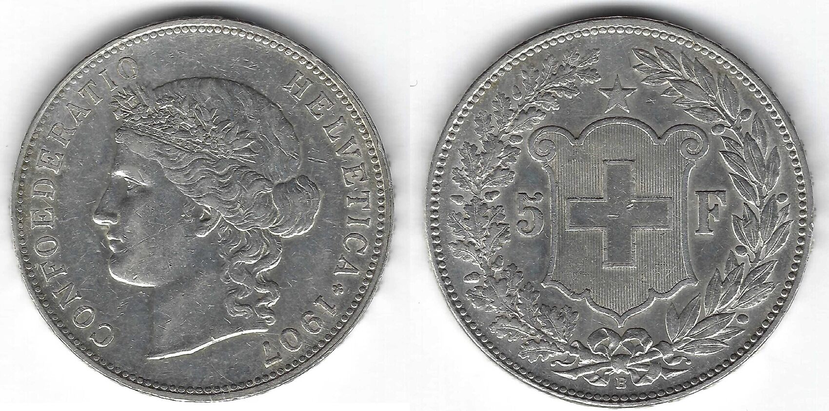 Suisse / Schweiz / Switzerland 5 Francs / 5 Franken 1907 B Helvetia SS (Prägeschwache) | MA-Shops