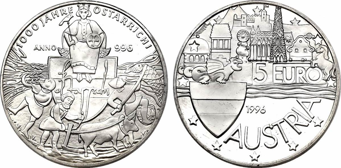 Österreich - II. Republik 5 Euro 1996 '1000 Jahre Österreich' pp. | MA ...