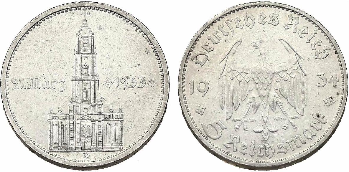 Deutschland 5 Reichsmark 1934 D Garnisonskirche mit Datum vz | MA-Shops