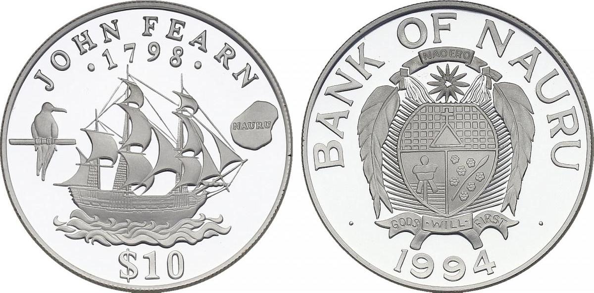 10 Dollar 1994 John Fearn entdeckt die Nauru Inseln - Segelschiff ...