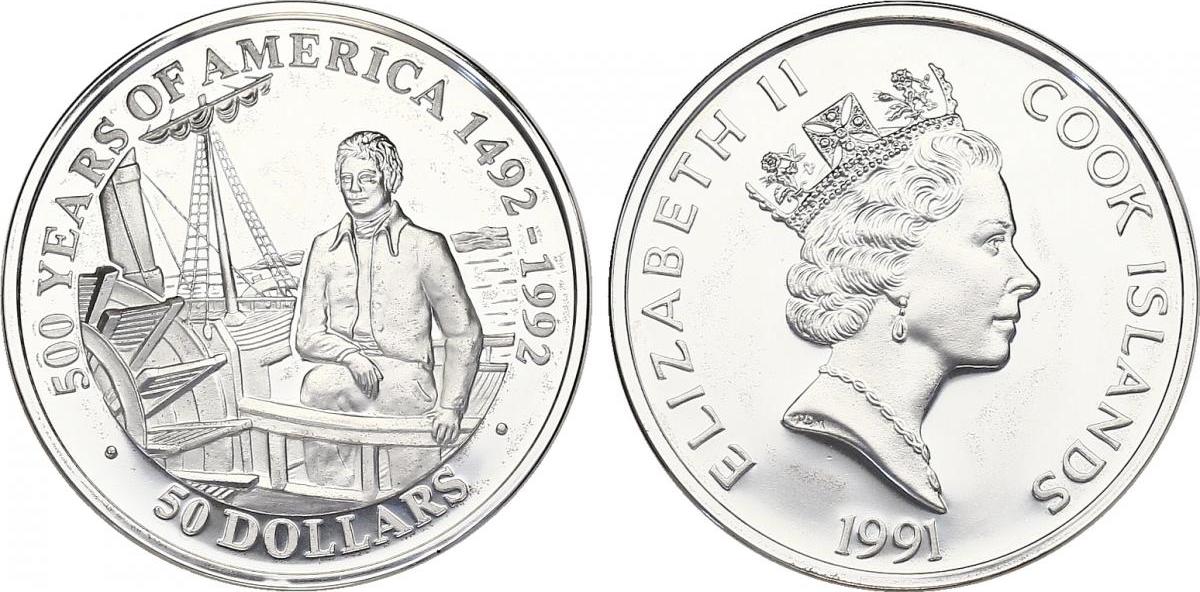 Cook Inseln (Cook Islands) 50 Dollar 1991 Serie '500 Years of America ...
