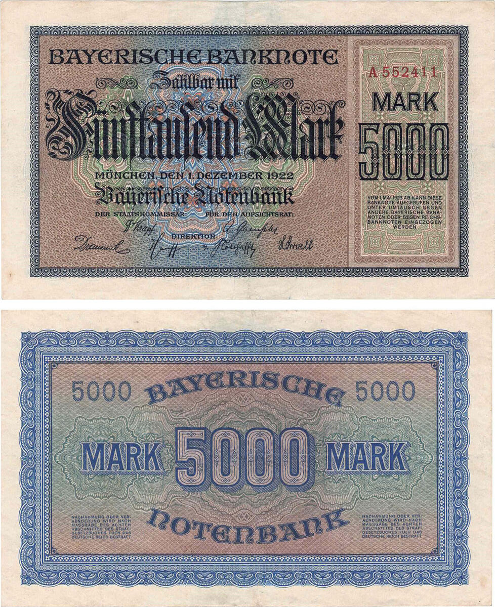 Deutschland - Bayern Fünftausend Mark / 5000 Mark Dezember 1922 ...