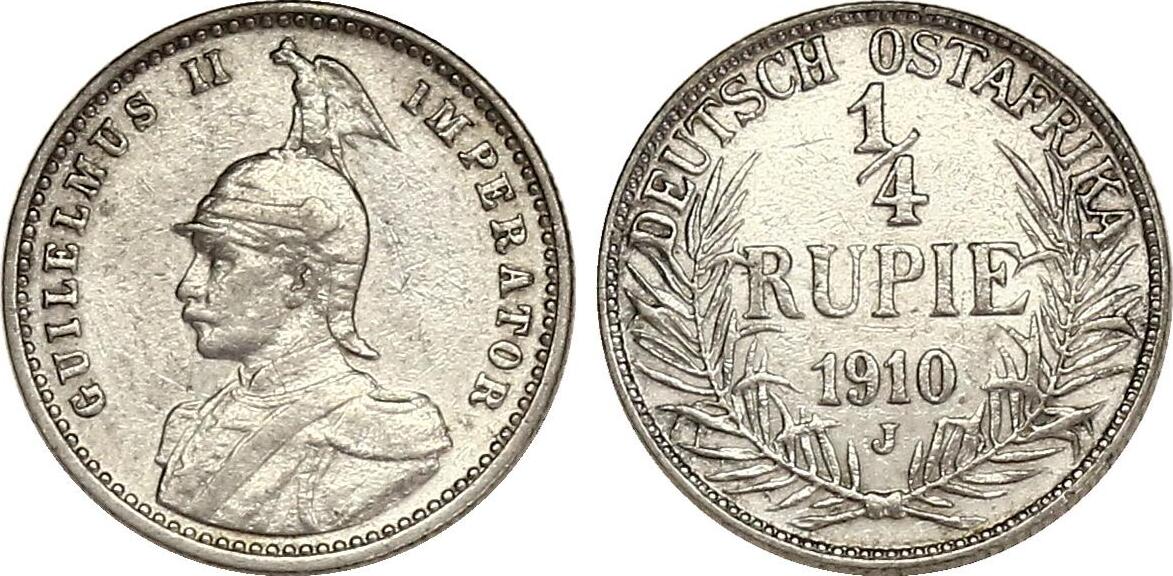 Deutsch-Ostafrika (DOA) 1/4 Rupie 1910 J Wilhelm II. (1888 - 1918) ss ...