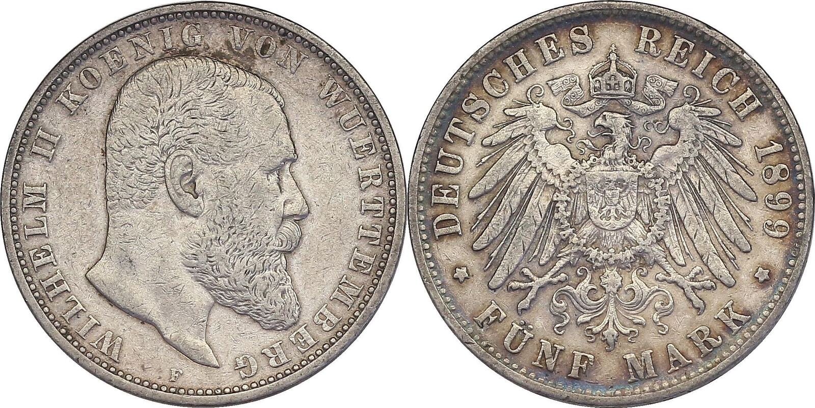 Deutschland - Württemberg 5 Mark 1899 F Wilhelm II. (1891 - 1918) ss ...